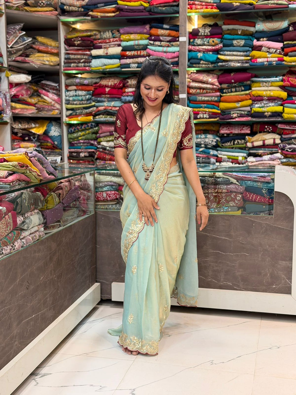Designer Moss Fabric Saree - Sky Blue – Pruthviraj Sarees