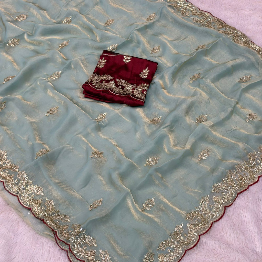 Designer Moss Fabric Saree - Sky Blue – Pruthviraj Sarees